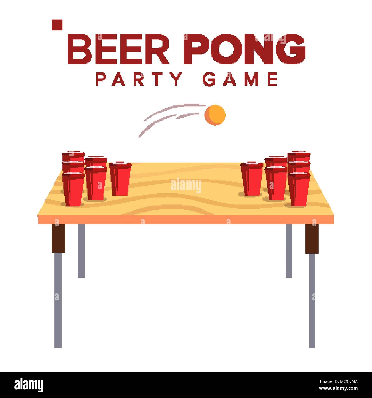 Beer Pong Game Vector Alcohol Party Game Red Cups On Table And Ball