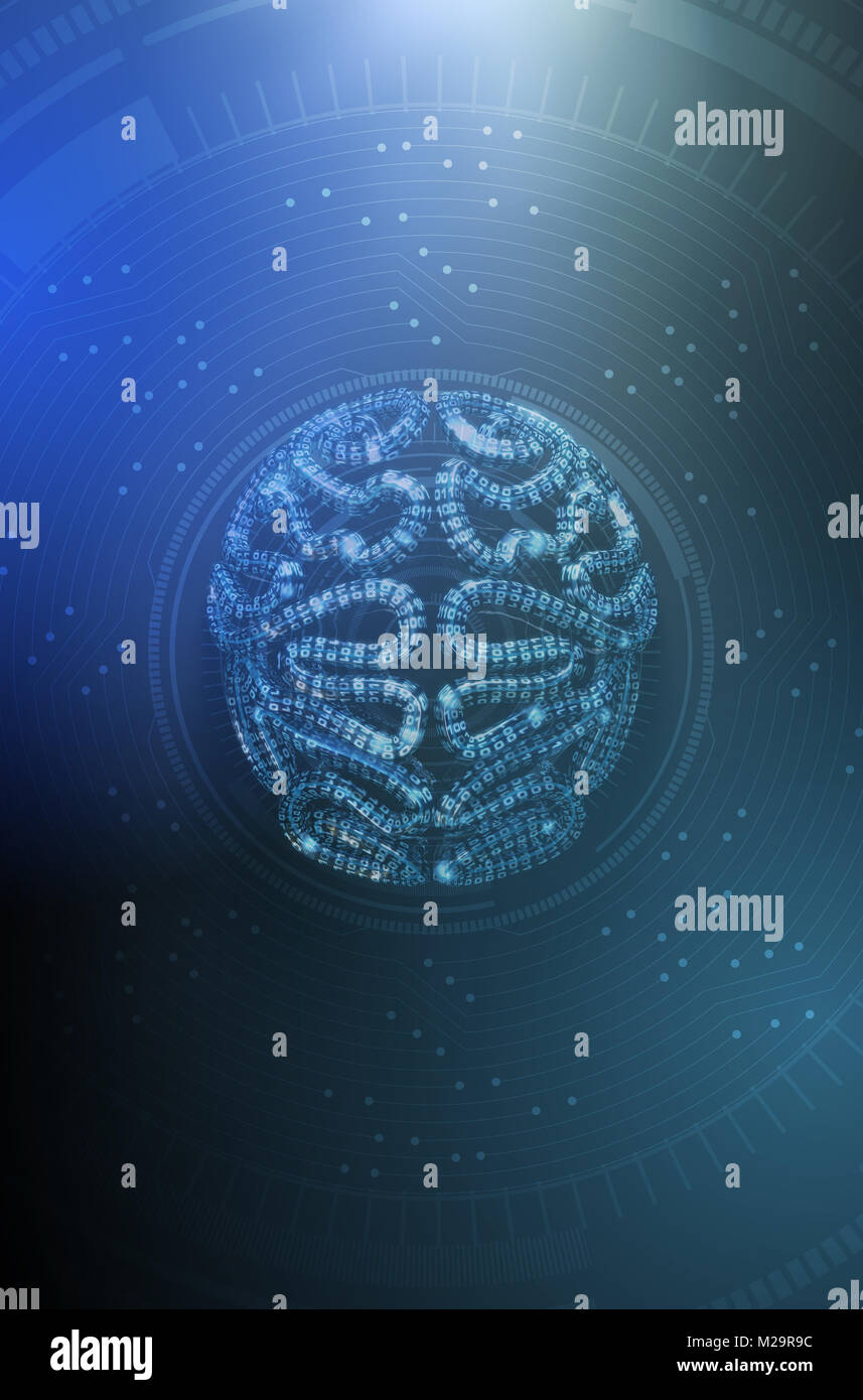 A stylized brain textured with binary computer data code depicting ...