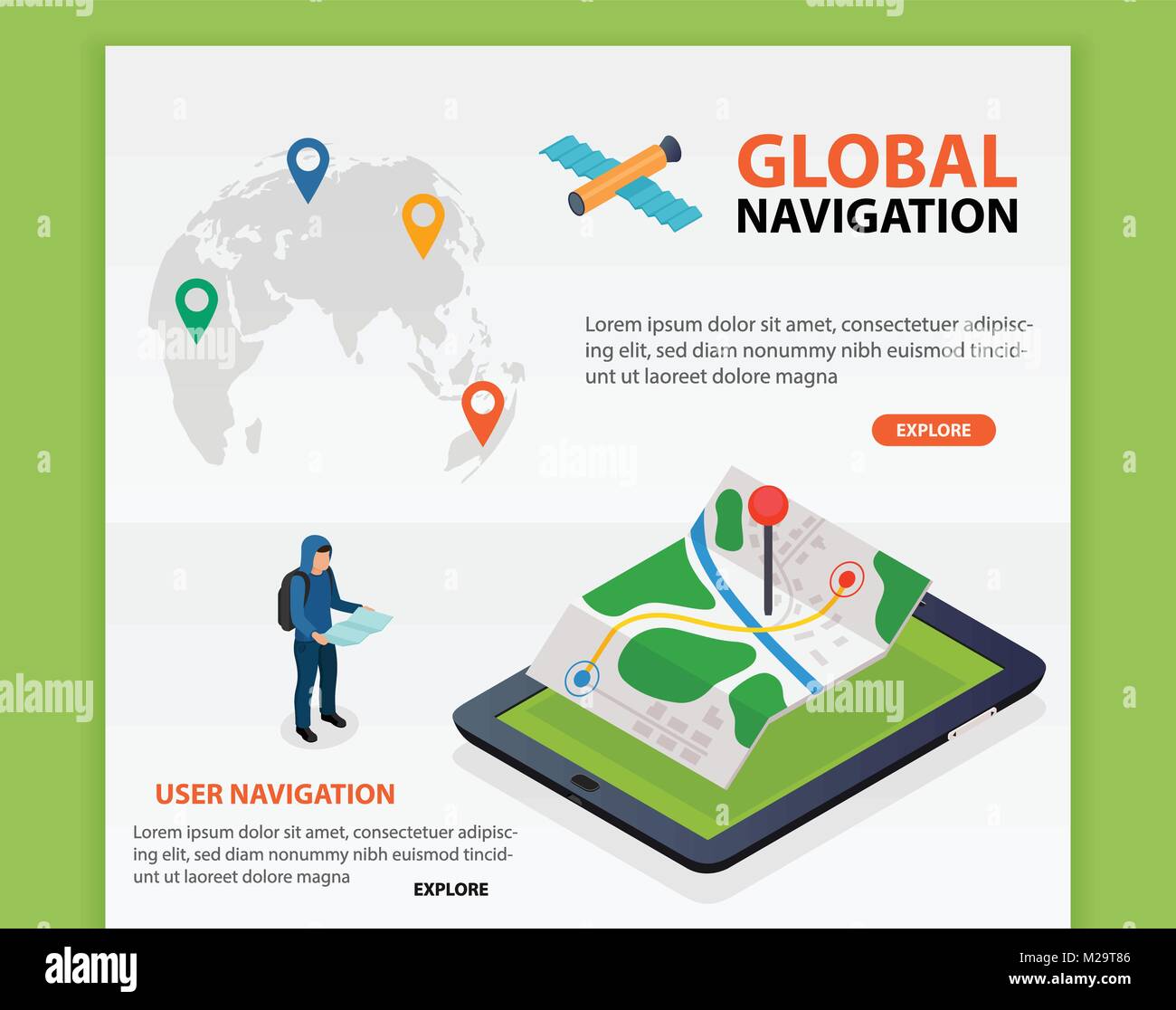Flat 3d isometric mobile GPS navigation maps vector. World silhouette pin. Tablet with gps ...