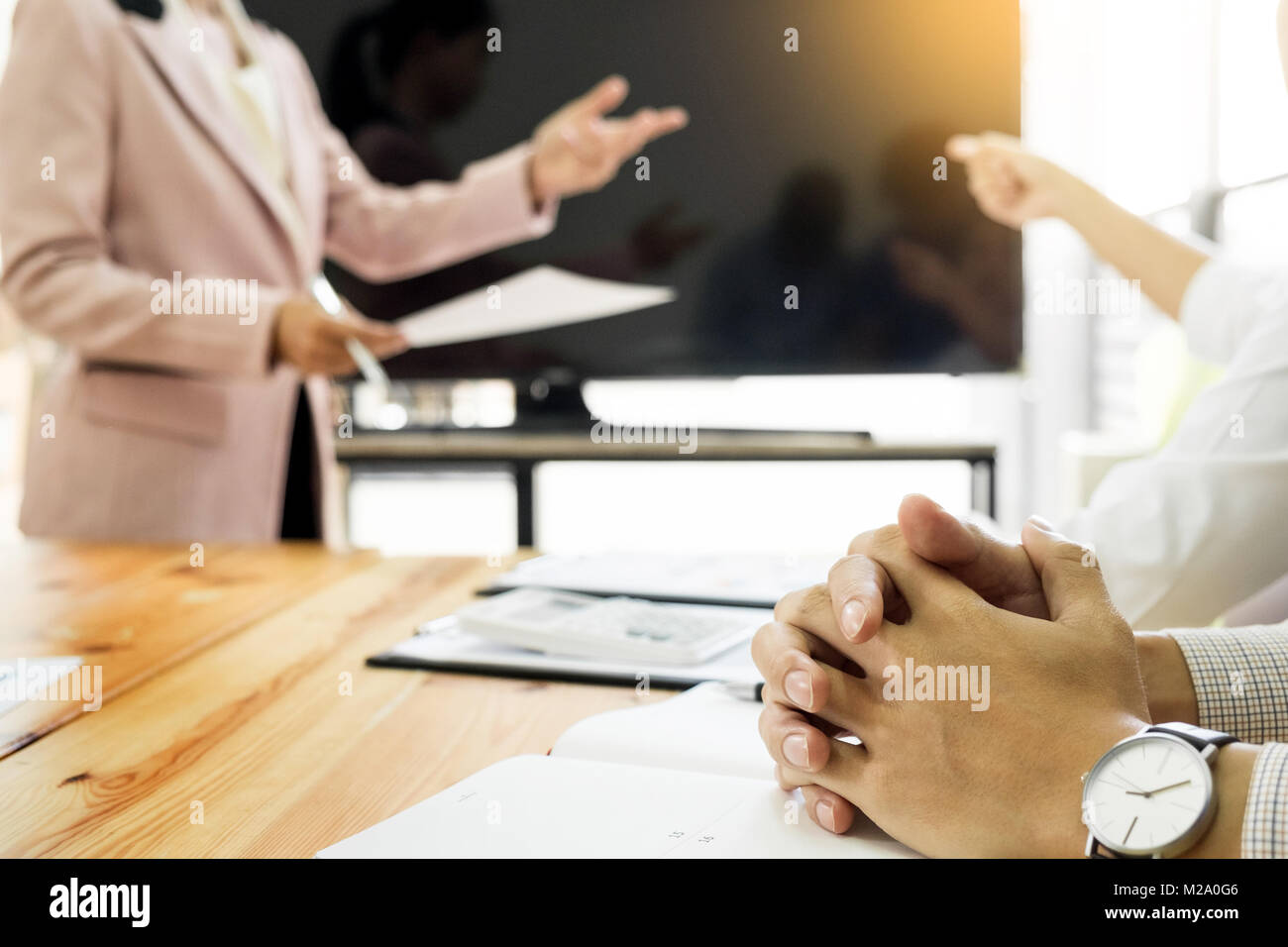young business man working presentation using television computer Stock ...