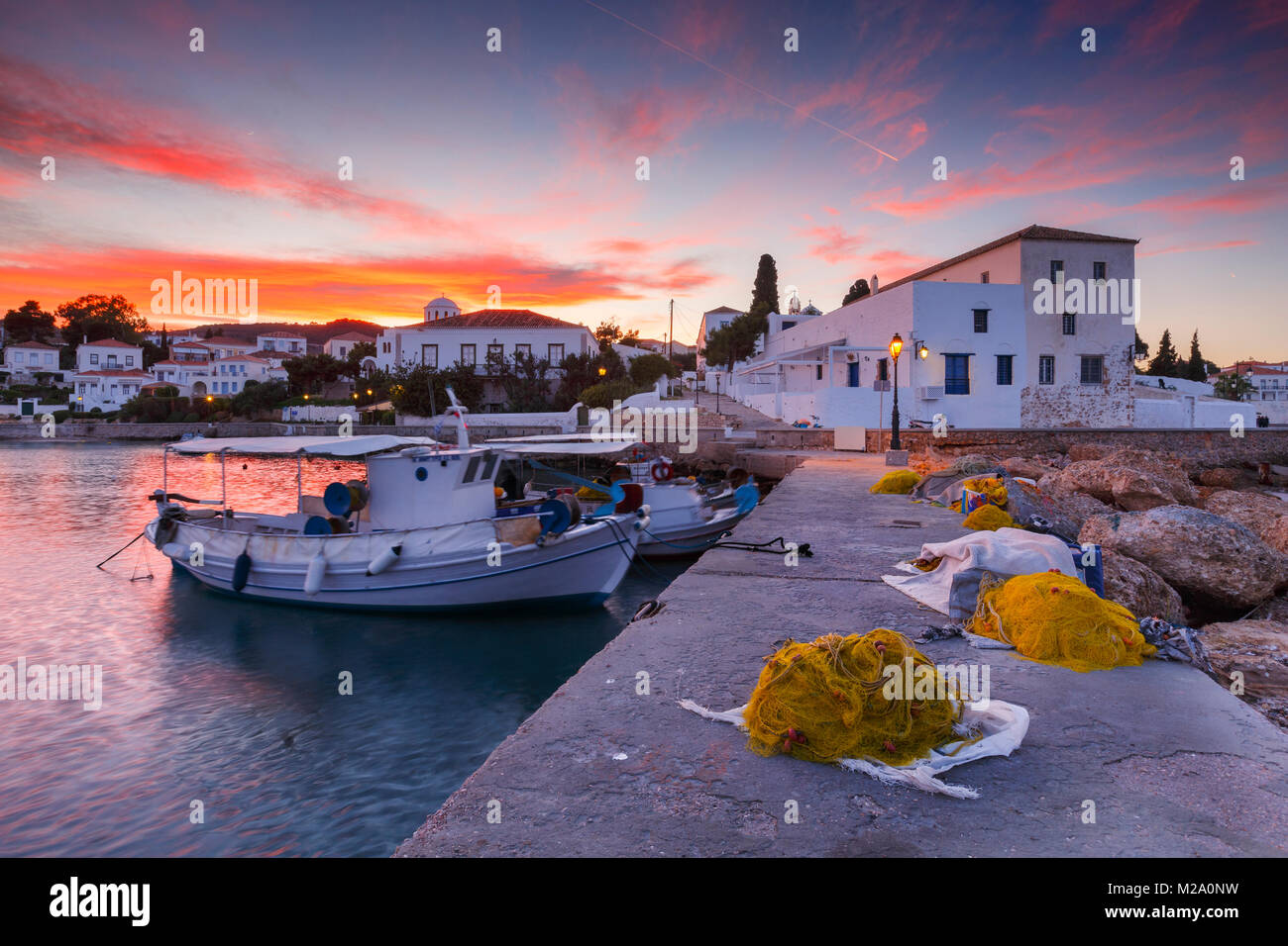Traditional fishing boats in the harbour of Spetses, Greece Stock Photo ...