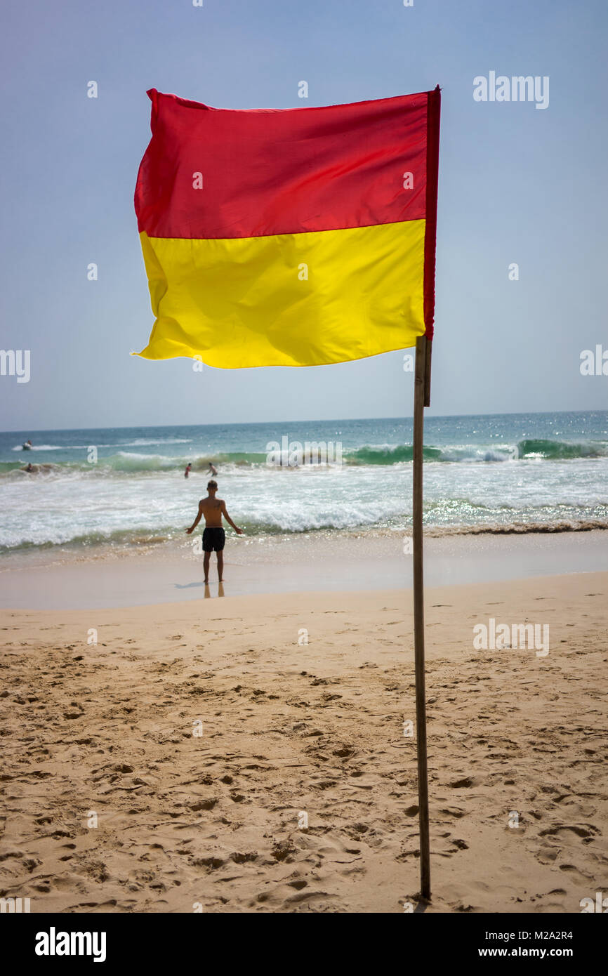 Lifeguard flag on Mirissa Beach on the south coast of Sri Lanka, Asia ...
