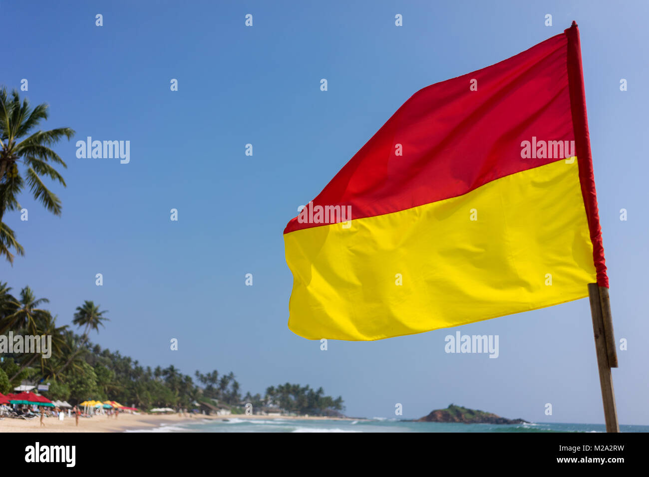 Lifeguard flag on Mirissa Beach on the south coast of Sri Lanka, Asia ...