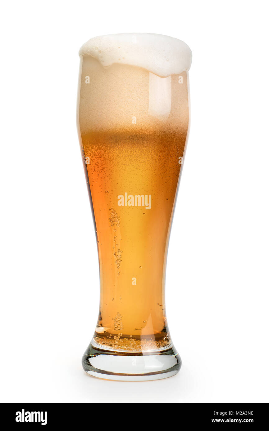 Large pint of light beer with foam cap. Isolated on white, clipping ...