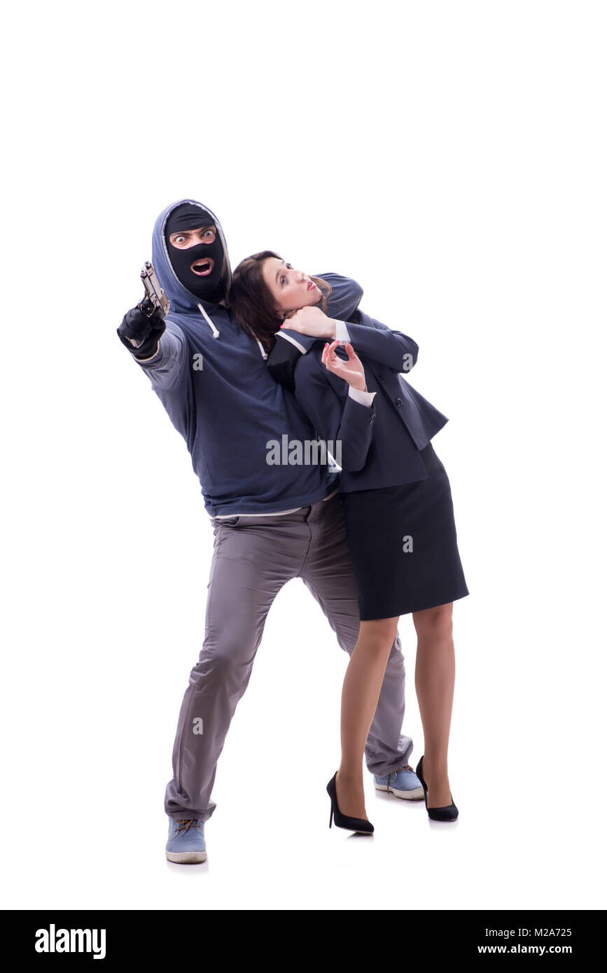 Businesswoman is kidnapped by the gunman Stock Photo - Alamy