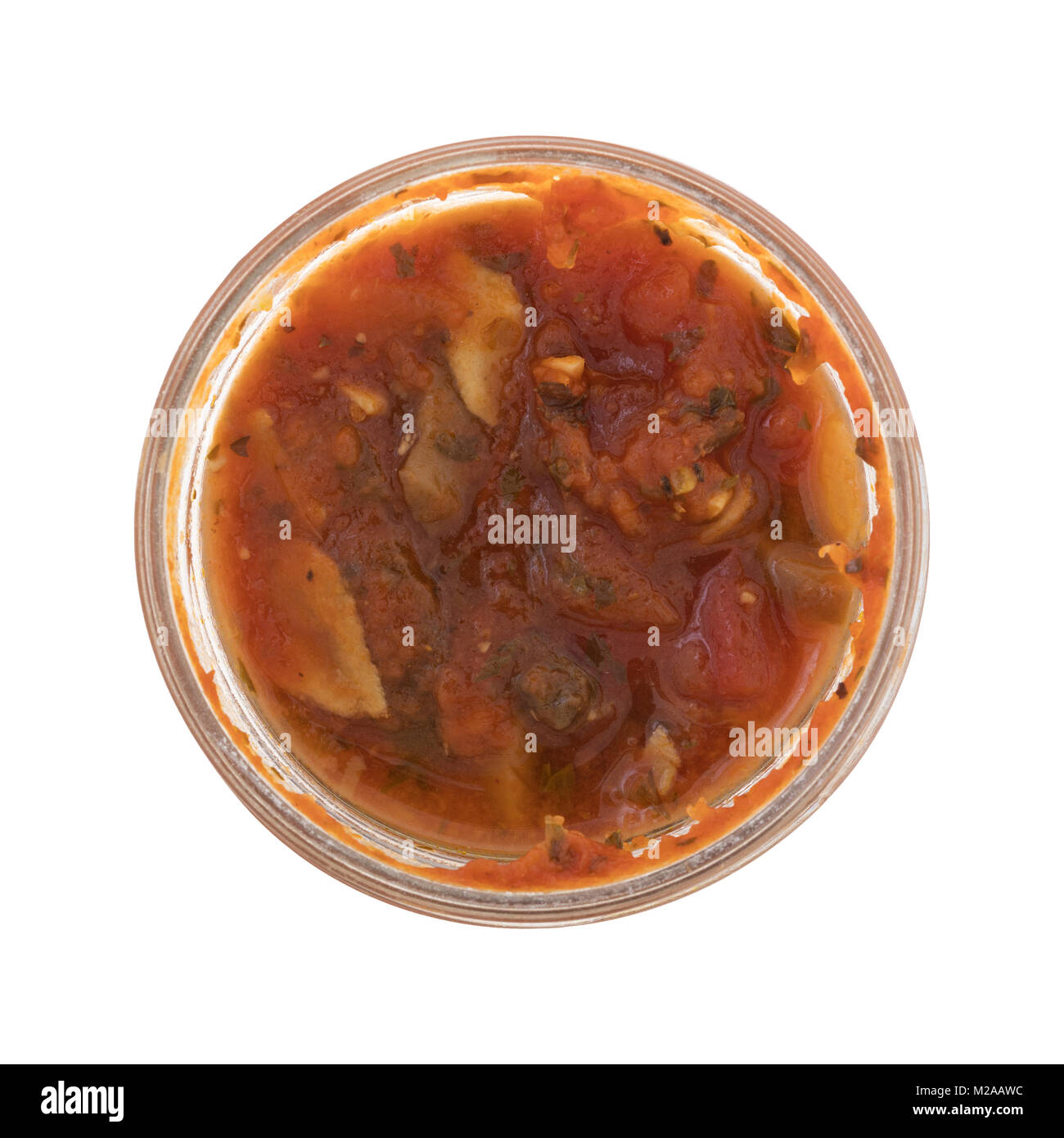 Top view of an opened glass jar filled with cacciatore starter sauce ...