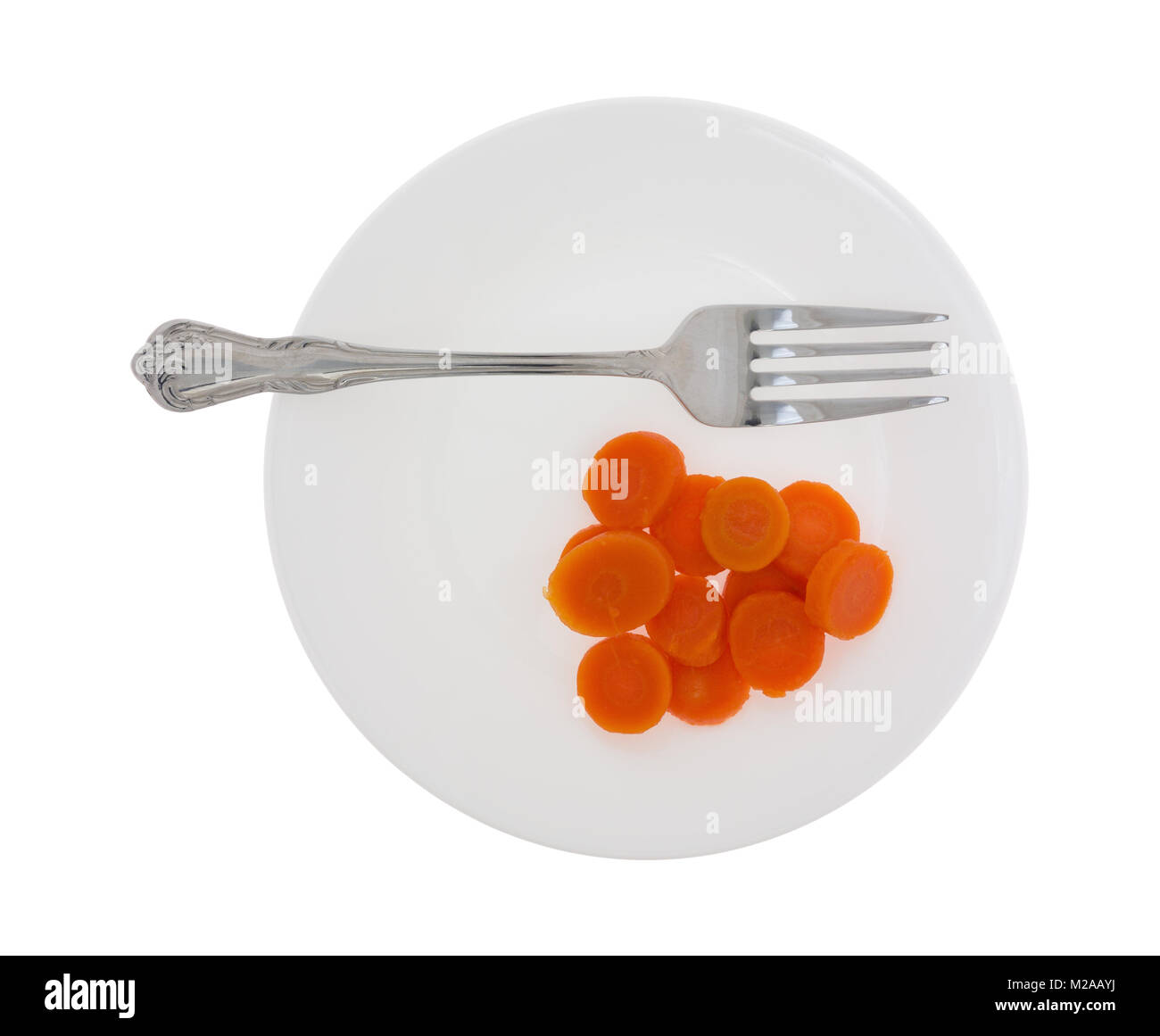 Top view of a very small portion of canned carrots on a plate with a ...