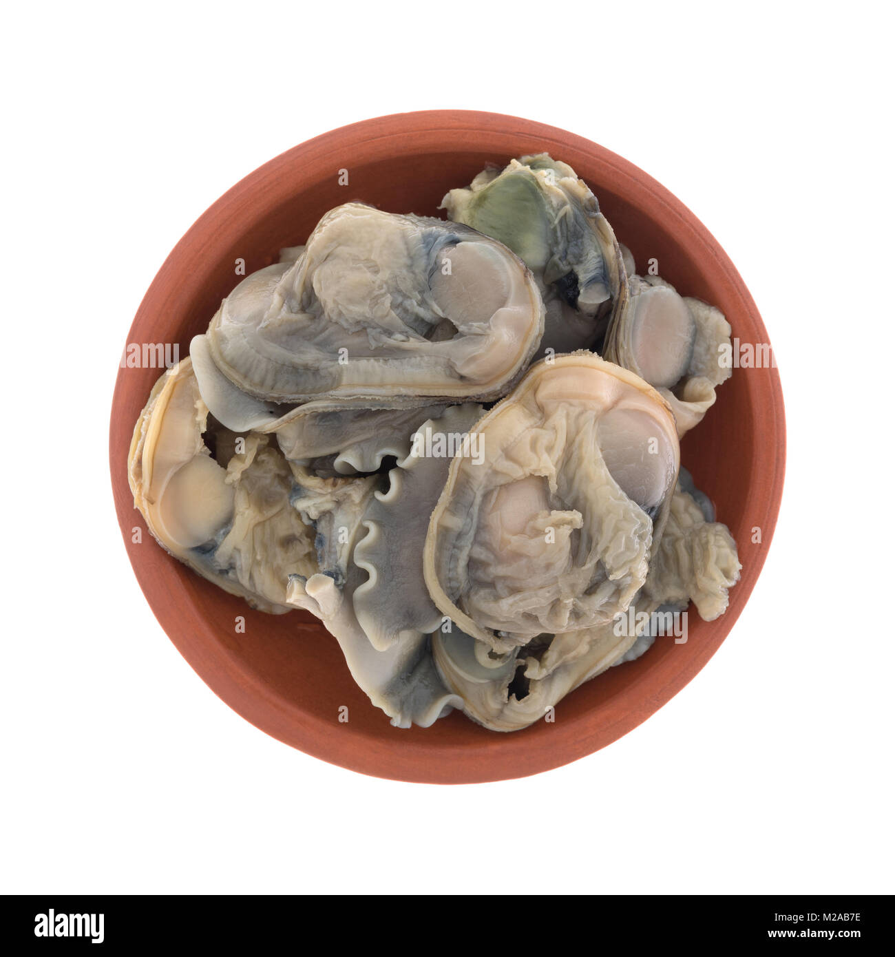 Top view of a small bowl filled with canned cherrystone clams isolated ...