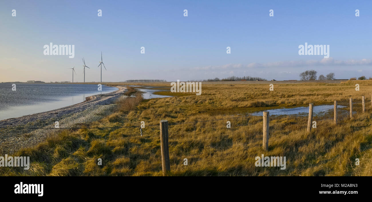 panorama of dutch nature with water and dike in zeeland with houses and ...
