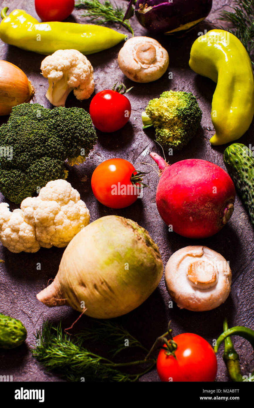 Many vegetables laid out on the table Stock Photo - Alamy