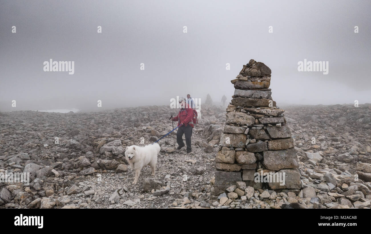 Ben Nevis mountain footpath, cairns and peak with snow. Scotland. UK ...