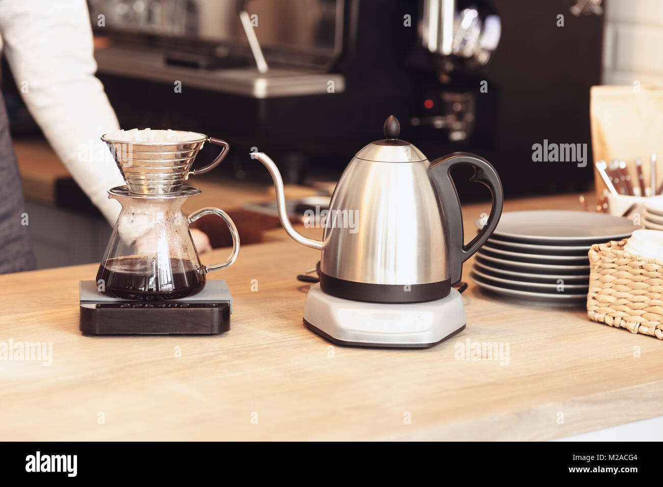 Barista, cafe, making coffee, preparation and service concept Stock ...