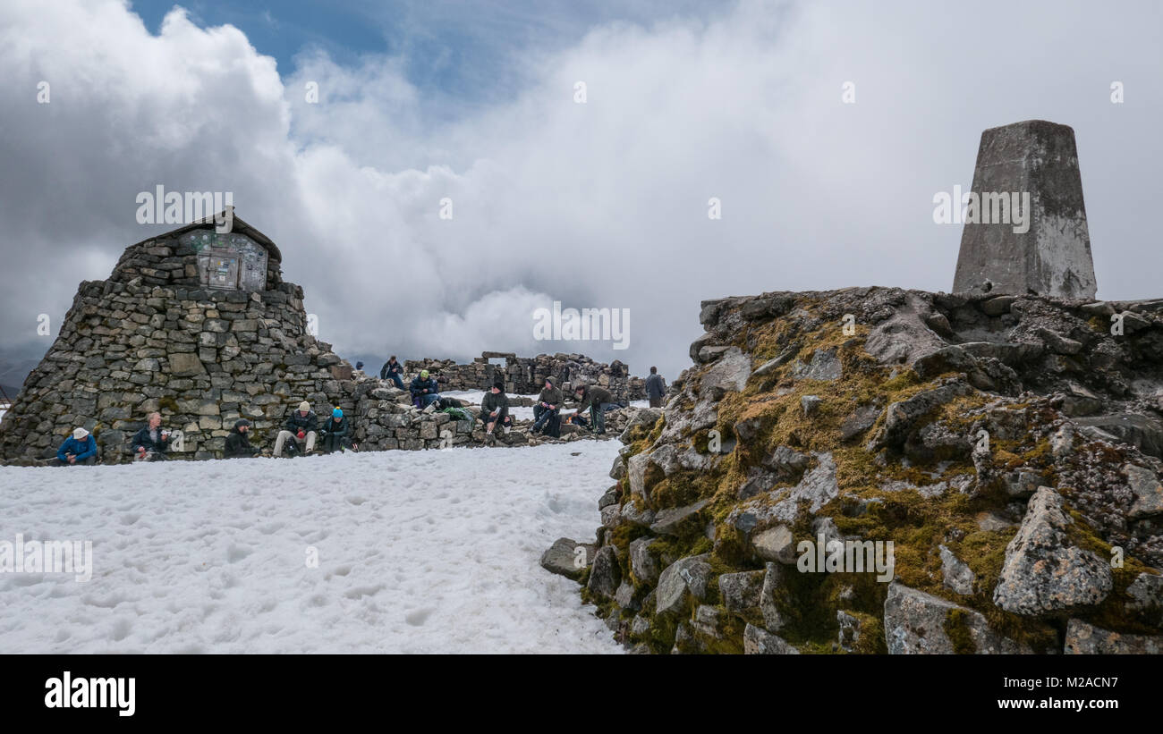 Ben Nevis mountain footpath, cairns and peak with snow. Scotland. UK ...