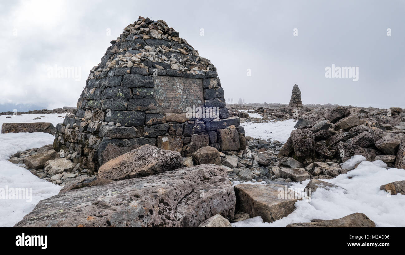 Ben Nevis mountain footpath, cairns and peak with snow. Scotland. UK ...