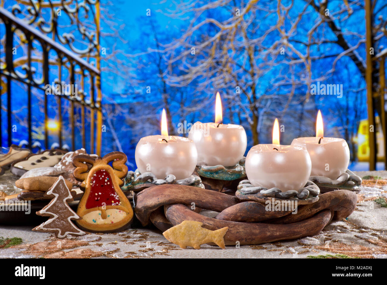 Advent Wreath with Burning Candles in front of Winter Landscape Stock ...