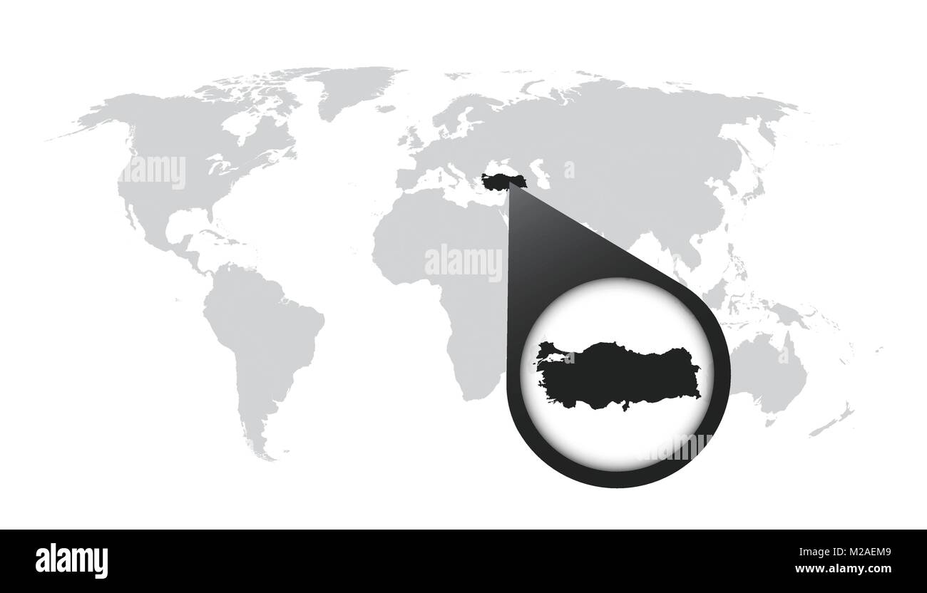 World map with zoom on Turkey. Map in loupe. Vector illustration in ...