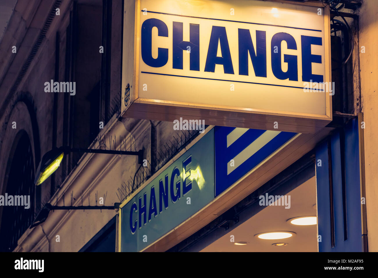 Paris, France - May 08, 2017 : blue change signboard in a street of ...