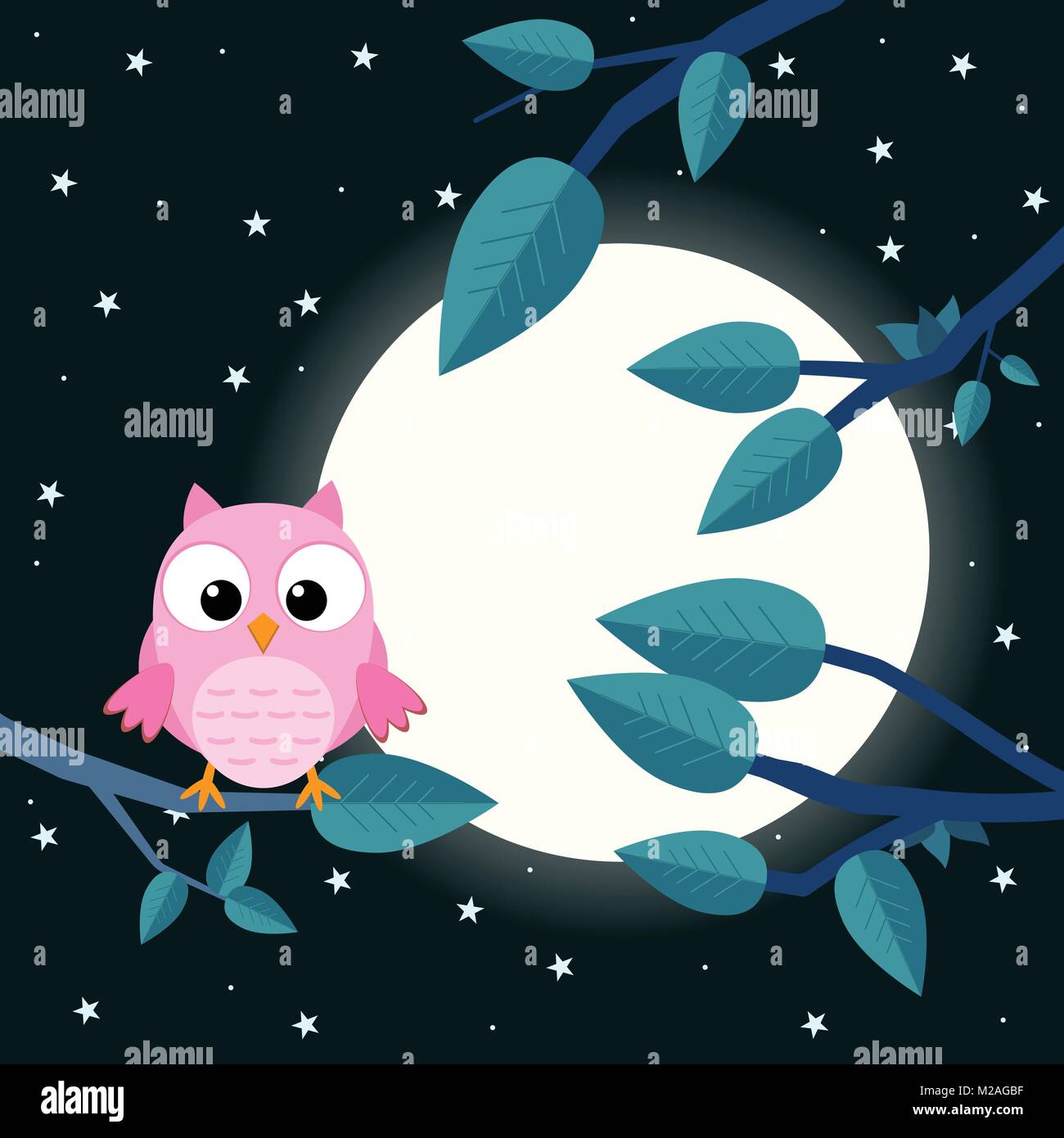 Colorful tree with cute owl. Cartoon bird in moon forest. Flat vector ...
