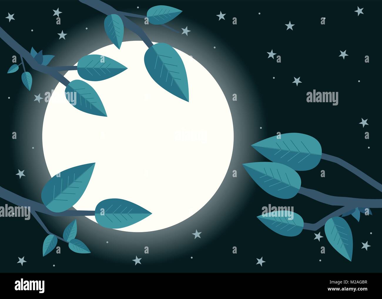 Cartoon night with moon. Flat vector illustration, trees, leaf and moon ...
