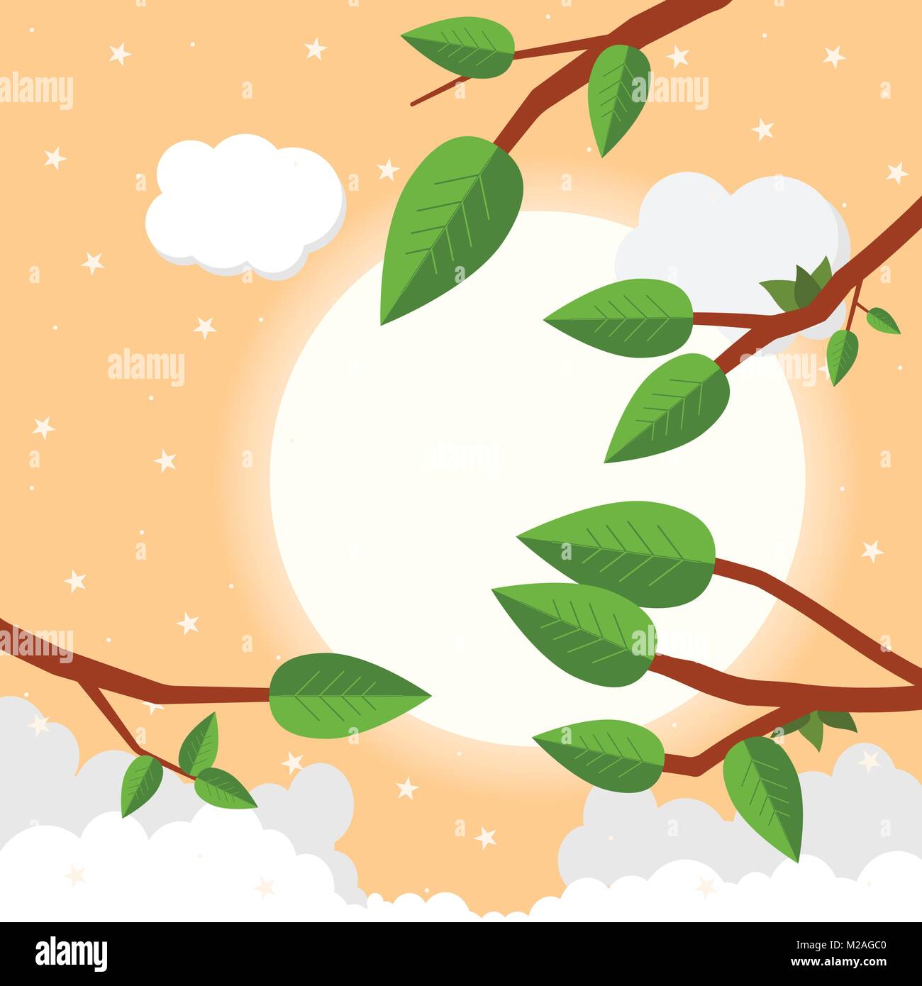 Cartoon sunset with clouds. Flat vector illustration, trees, leaf and ...