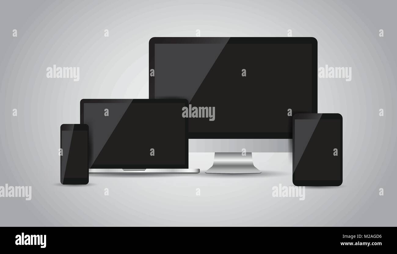 Realistic device flat Icons: smartphone, tablet, laptop and desktop ...