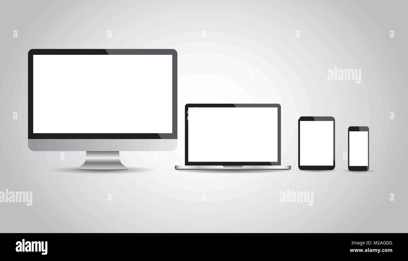 Realistic device flat Icons: smartphone, tablet, laptop and desktop ...