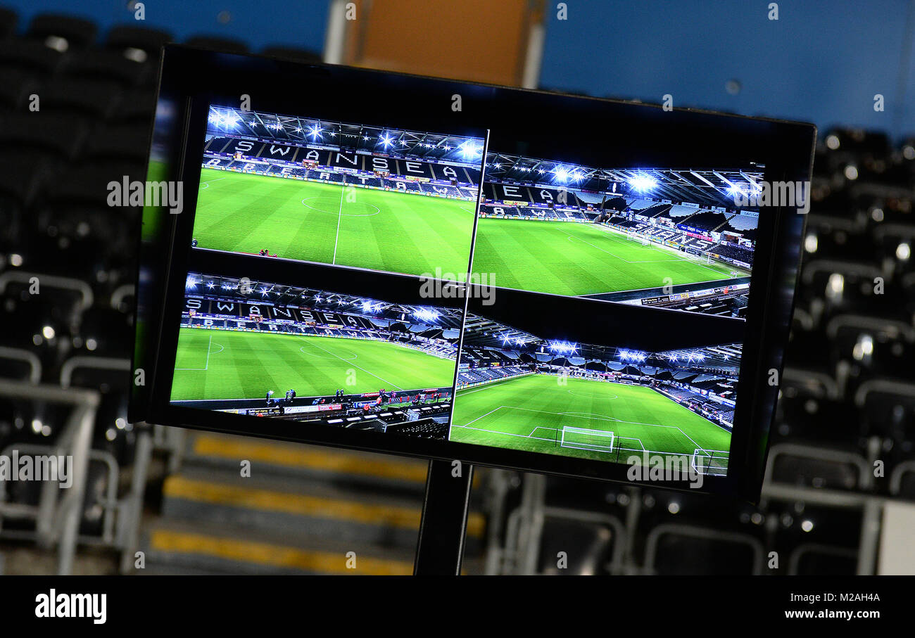 A view of the VAR screens next to the pitch before the Emirates FA Cup ...
