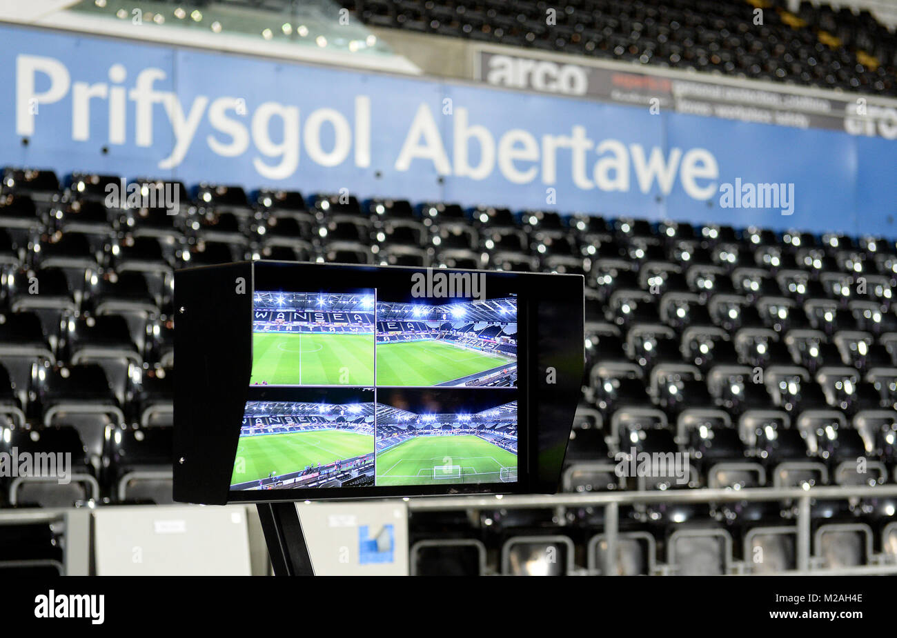 A view of the VAR screens next to the pitch before the Emirates FA Cup ...
