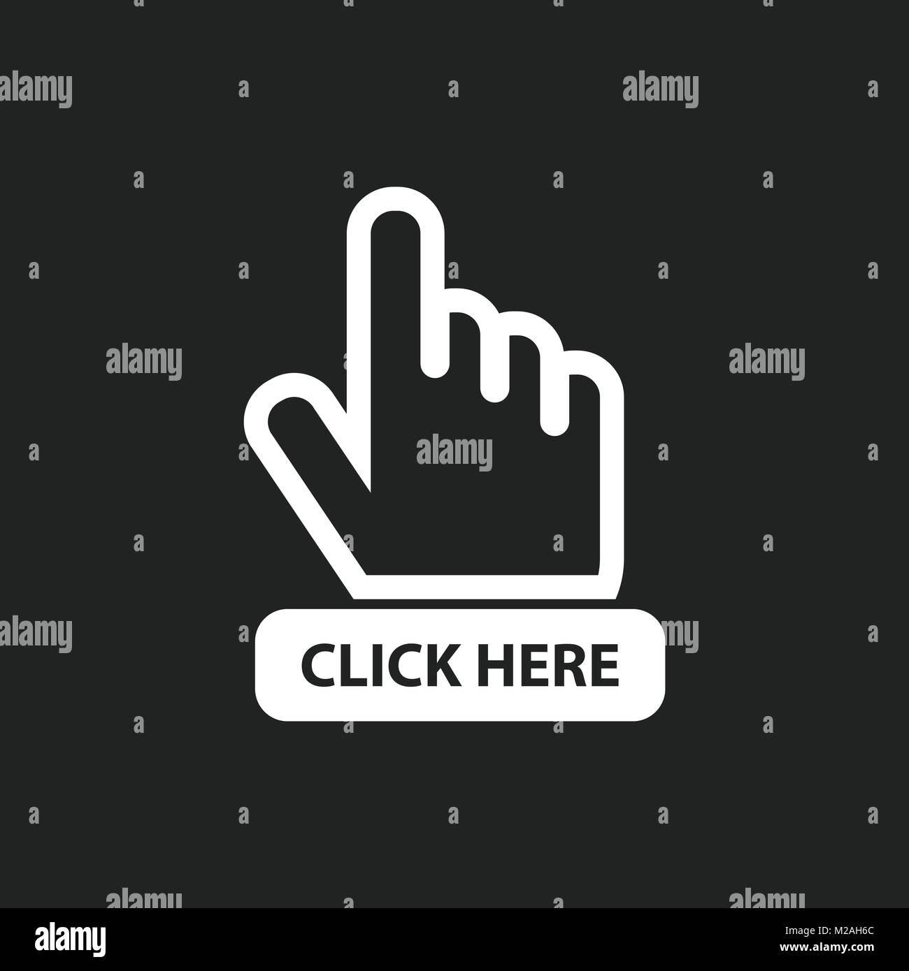 Click here icon. Hand cursor signs. White button flat vector ...