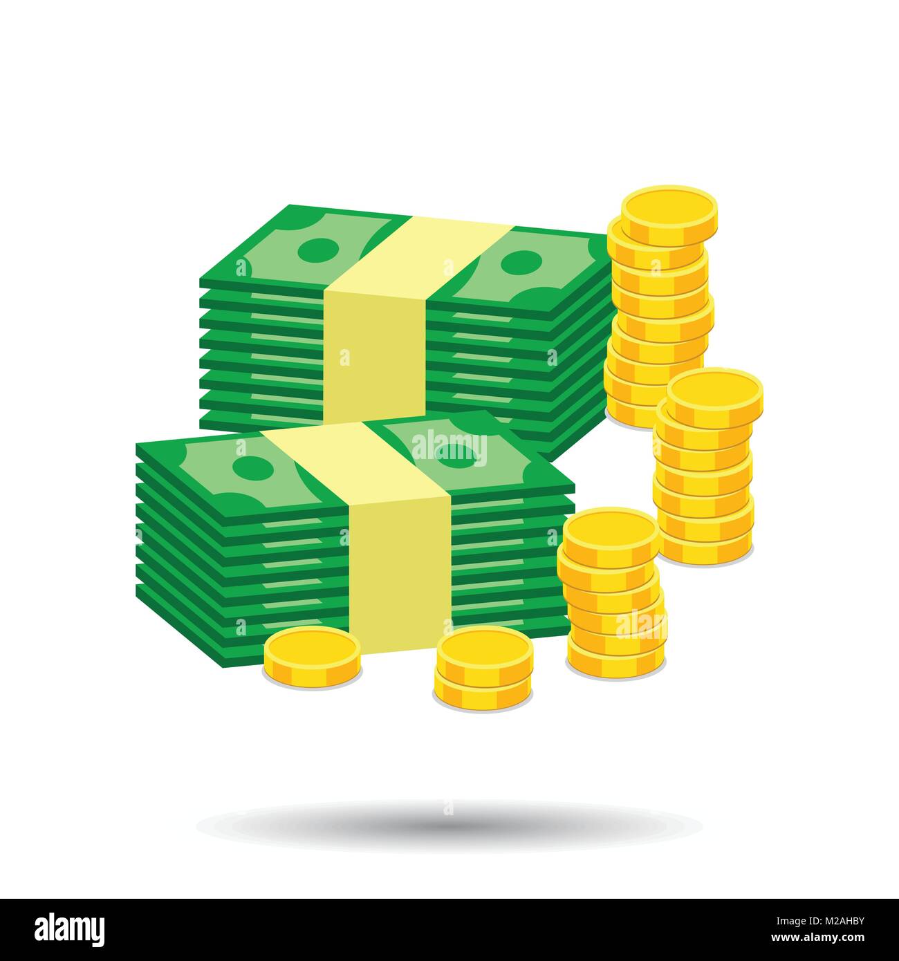 Stacks of gold coins and stacks of dollar cash. Vector illustration in ...