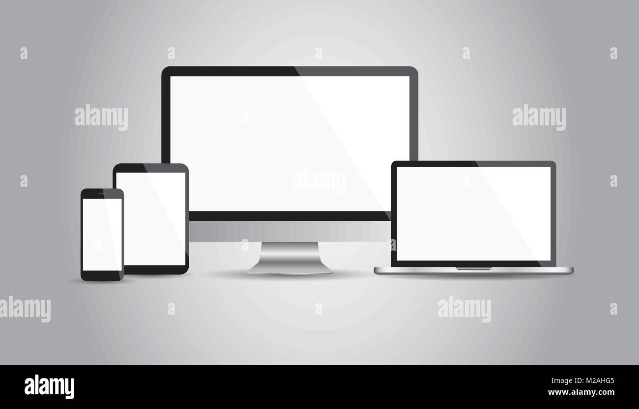 Realistic device flat Icons: smartphone, tablet, laptop and desktop ...