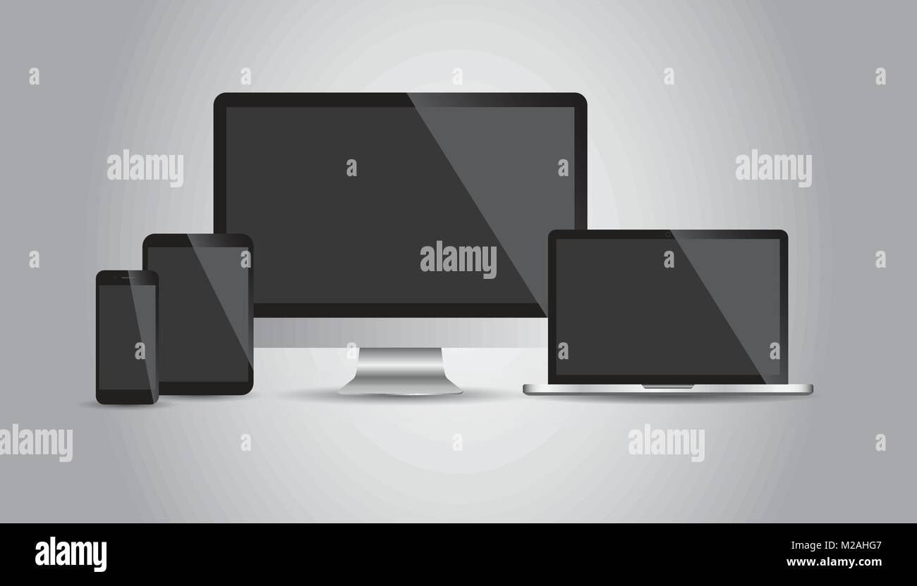 Realistic device flat Icons: smartphone, tablet, laptop and desktop ...