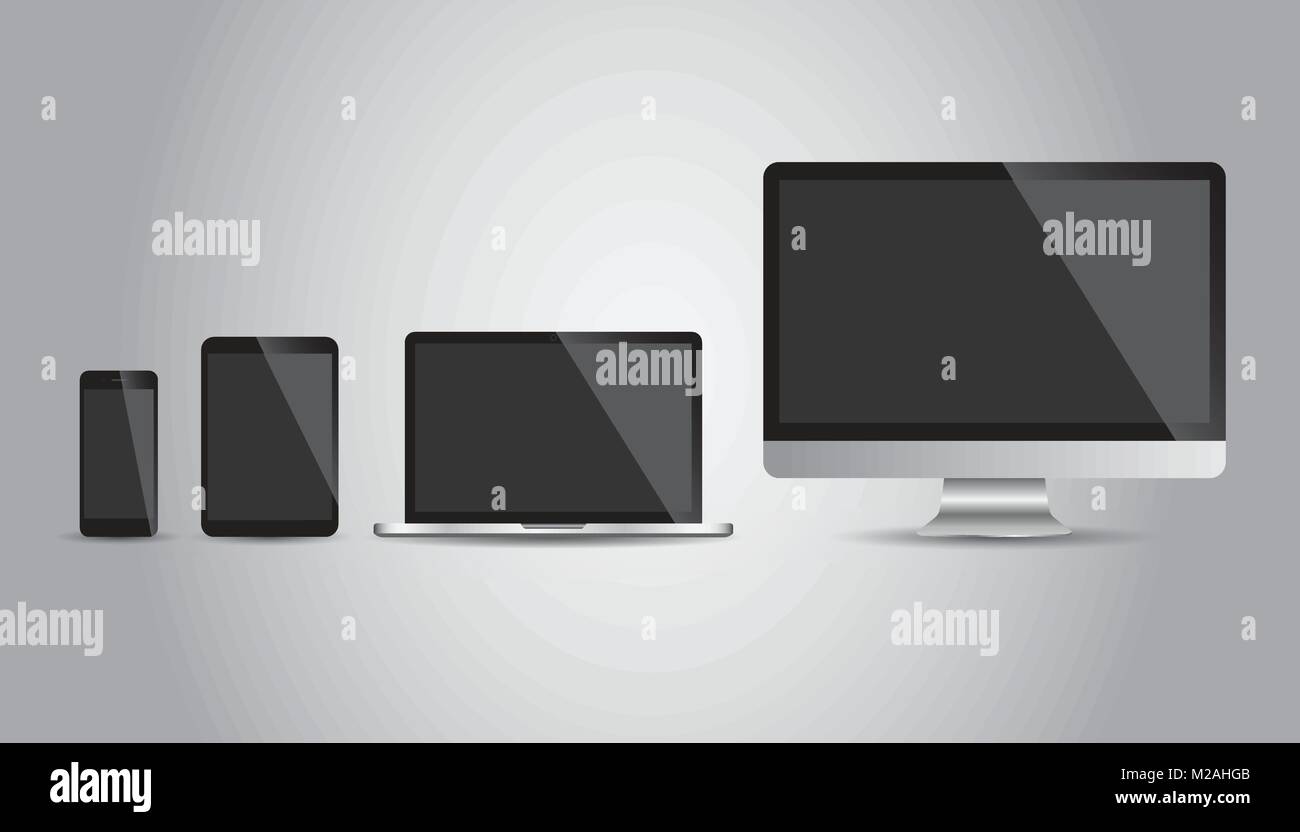 Realistic device flat Icons: smartphone, tablet, laptop and desktop ...