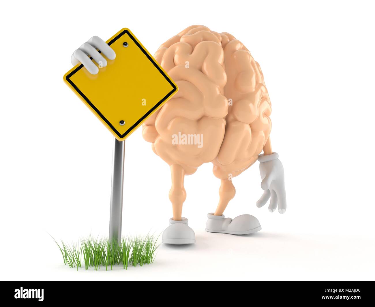 Brain character with blank road sign isolated on white background Stock ...