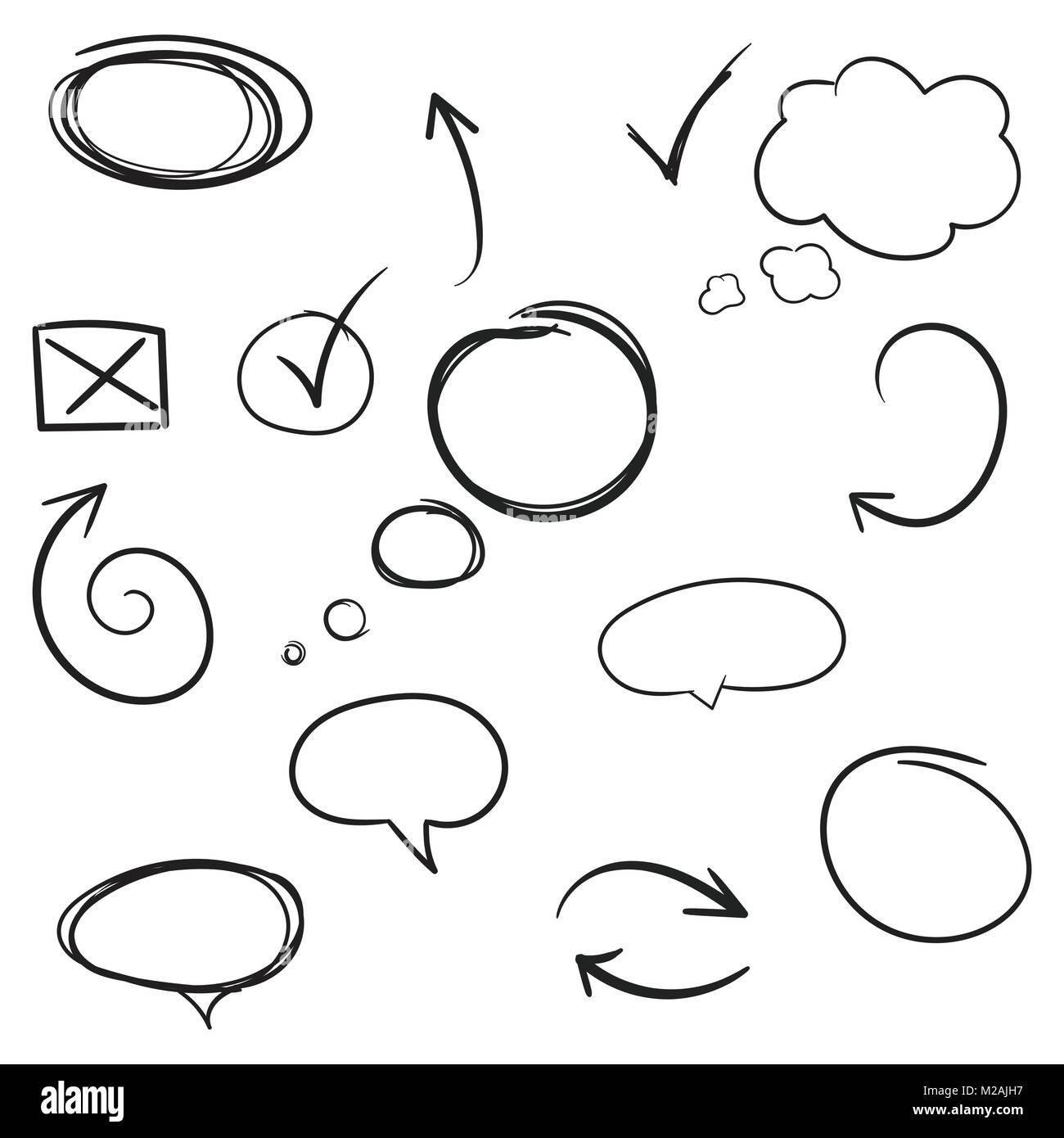 Hand drawn arrows and circles icon set. Collection of pencil sketch ...
