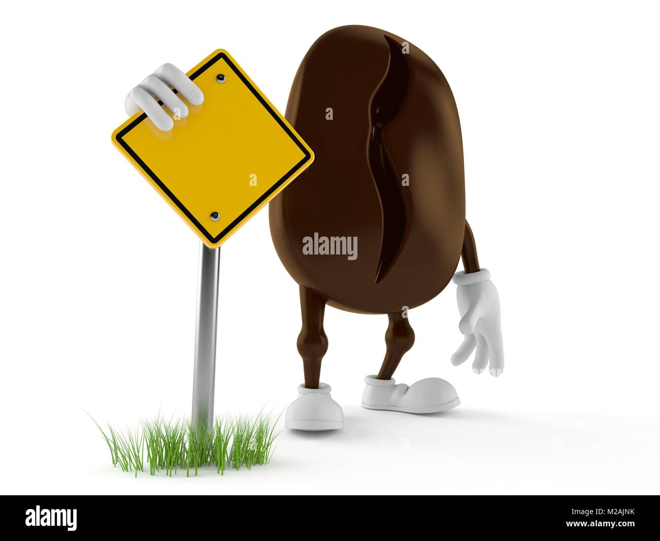 Coffee bean character with blank road sign isolated on white background ...