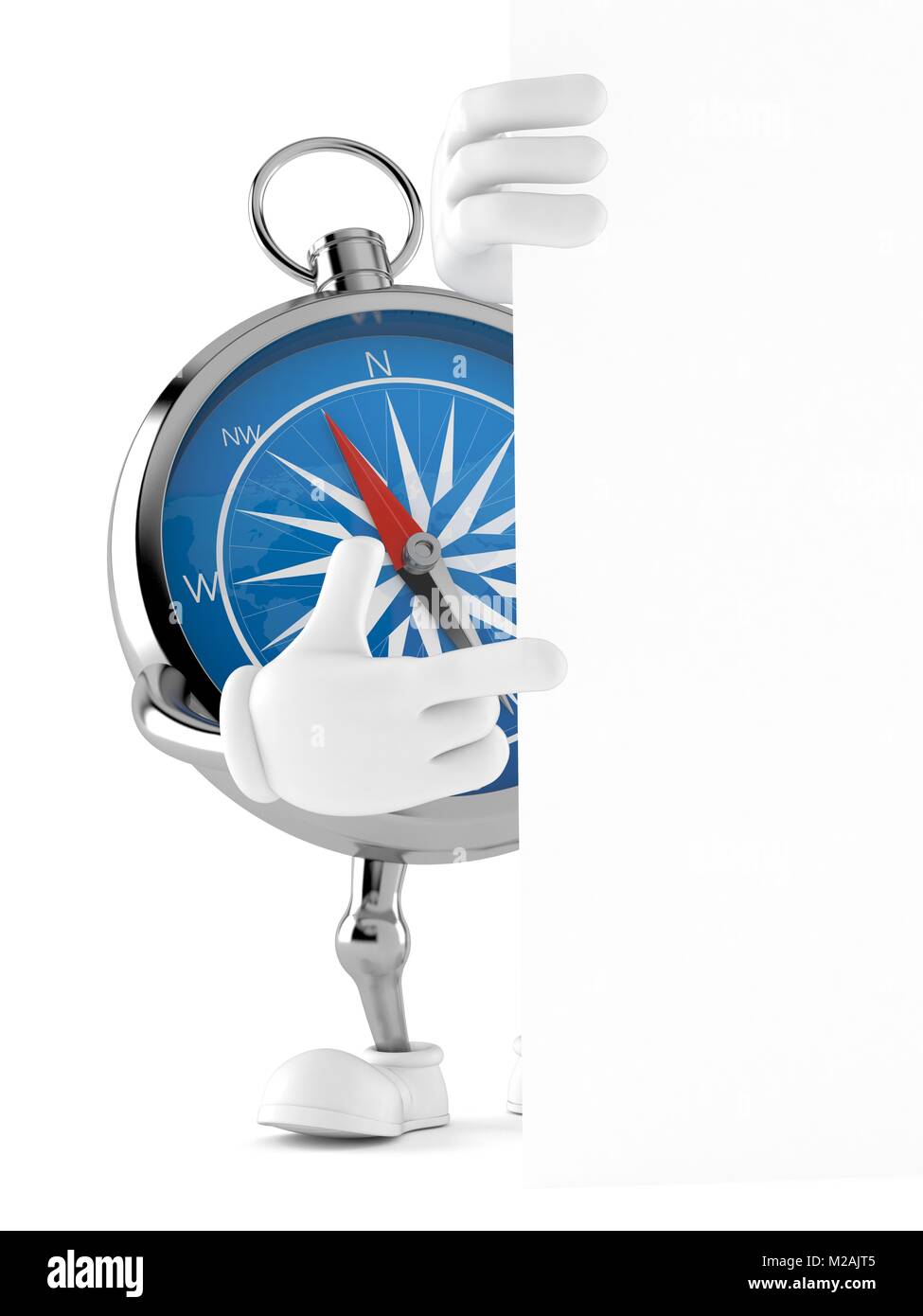 Compass character behind white board isolated on white background Stock ...