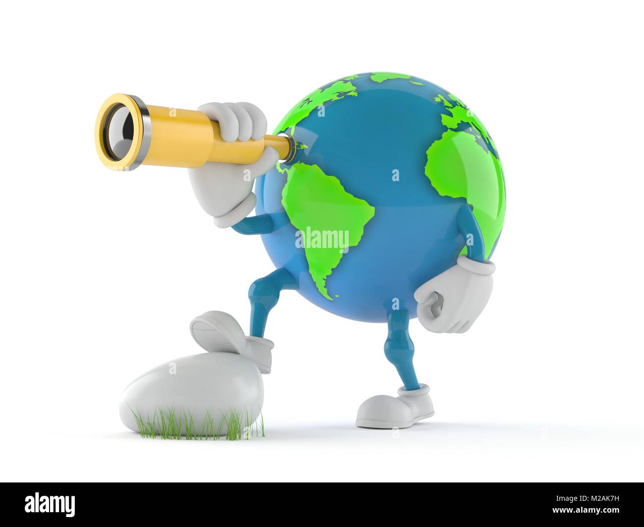 World globe character looking through a telescope isolated on white ...