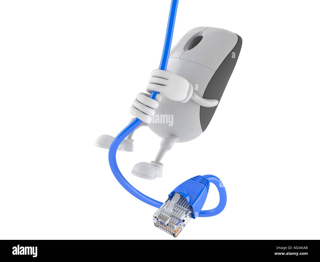 Computer mouse character swinging on network cable isolated on white ...