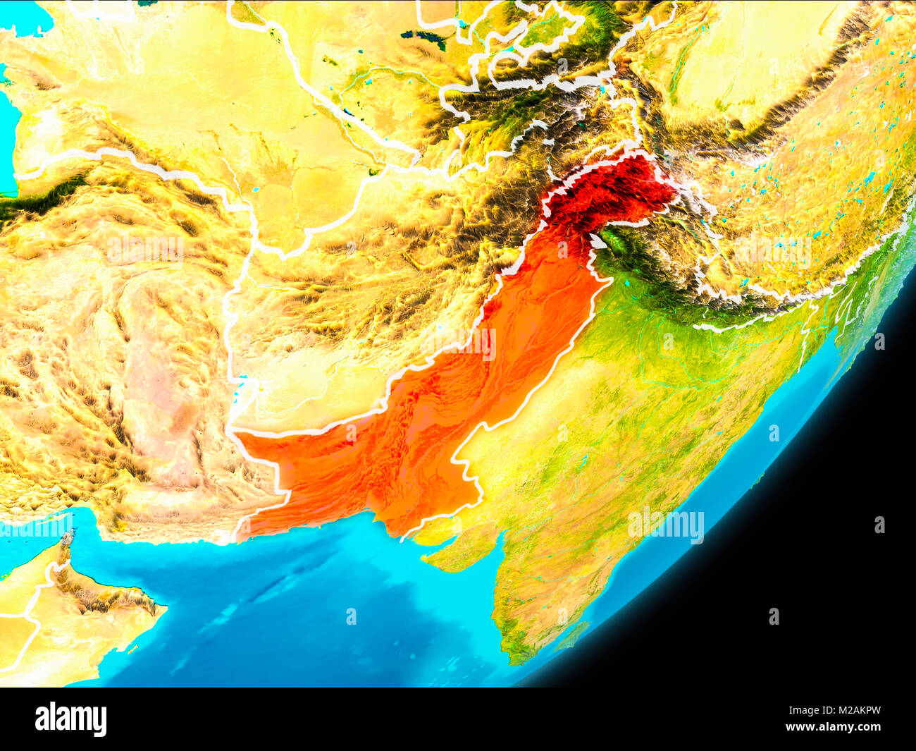 Map of Pakistan in red as seen from space on planet Earth with white ...