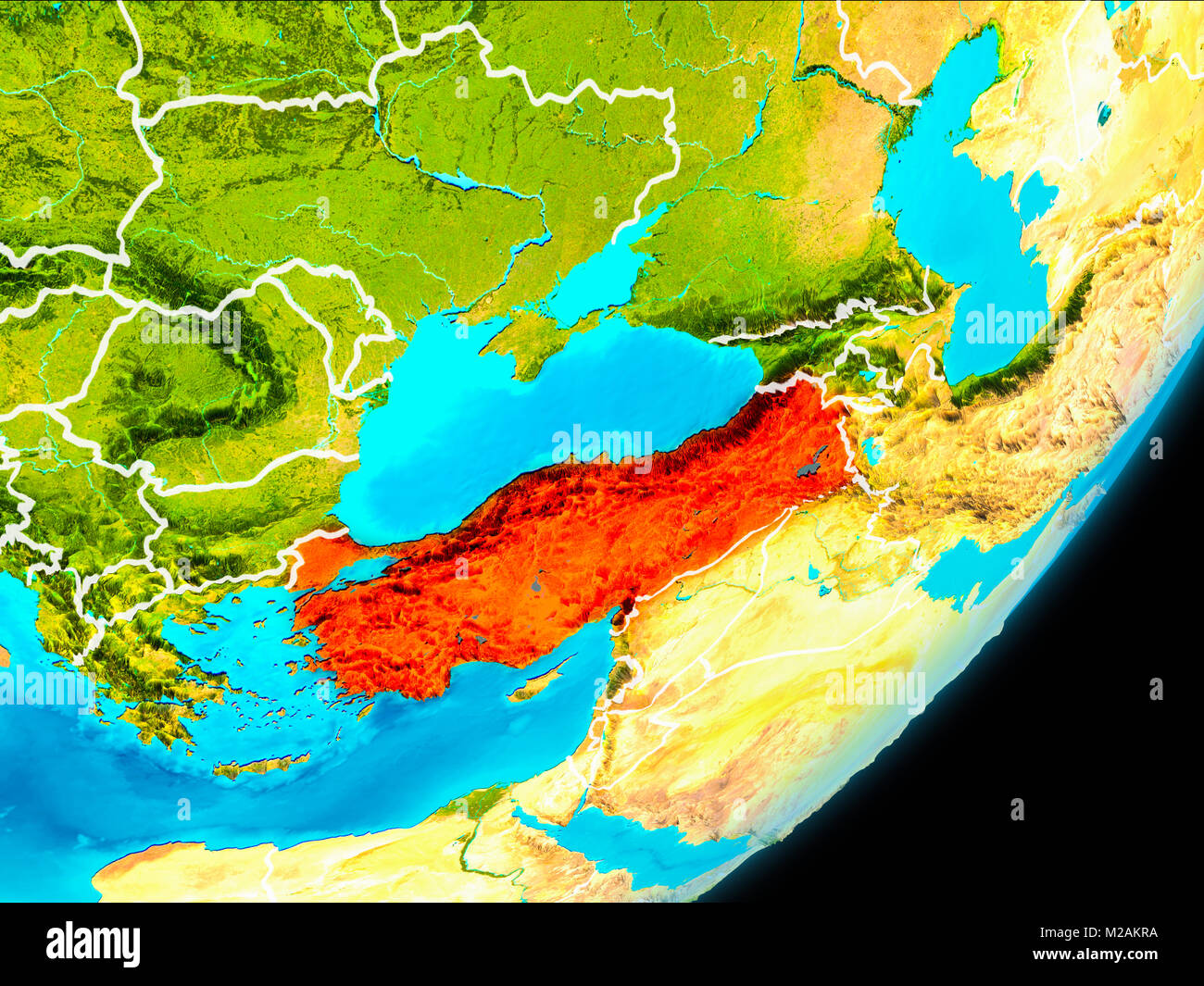 Map of Turkey in red as seen from space on planet Earth with white ...