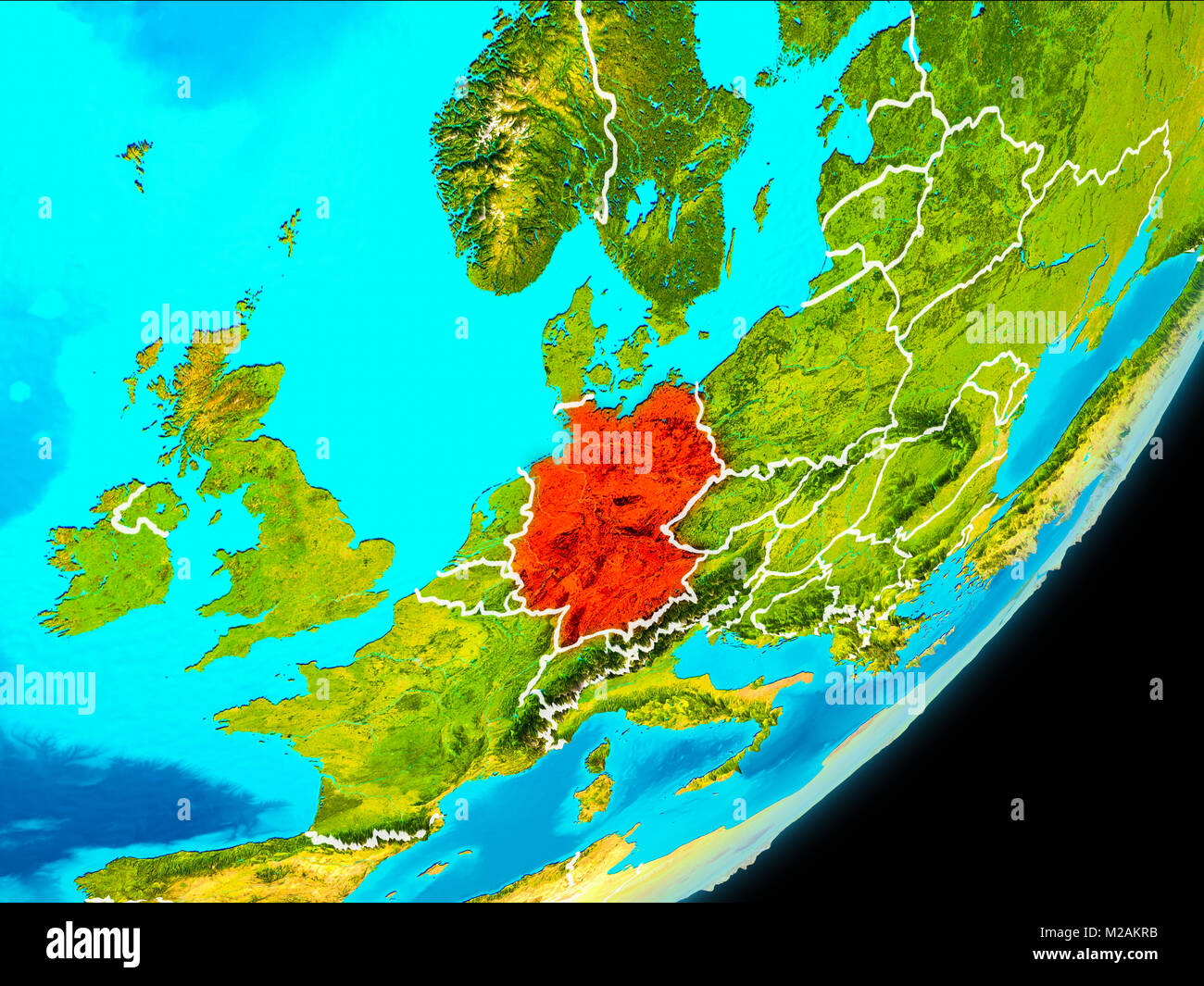 Map of Germany in red as seen from space on planet Earth with white ...