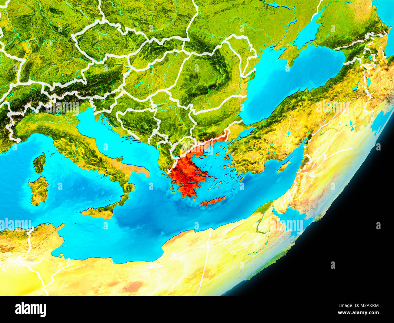 Map of Greece in red as seen from space on planet Earth with white ...