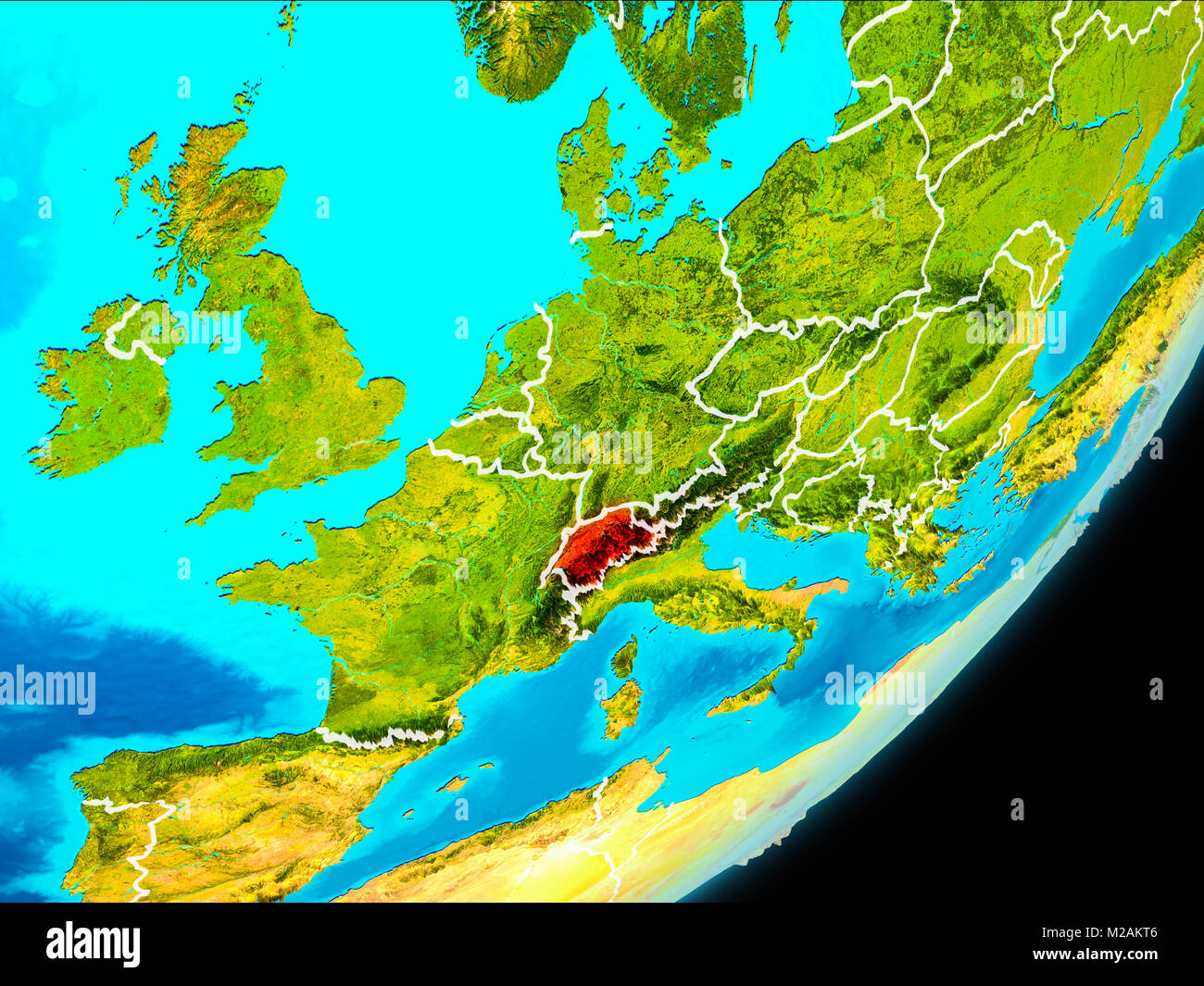 Map of Switzerland in red as seen from space on planet Earth with white ...