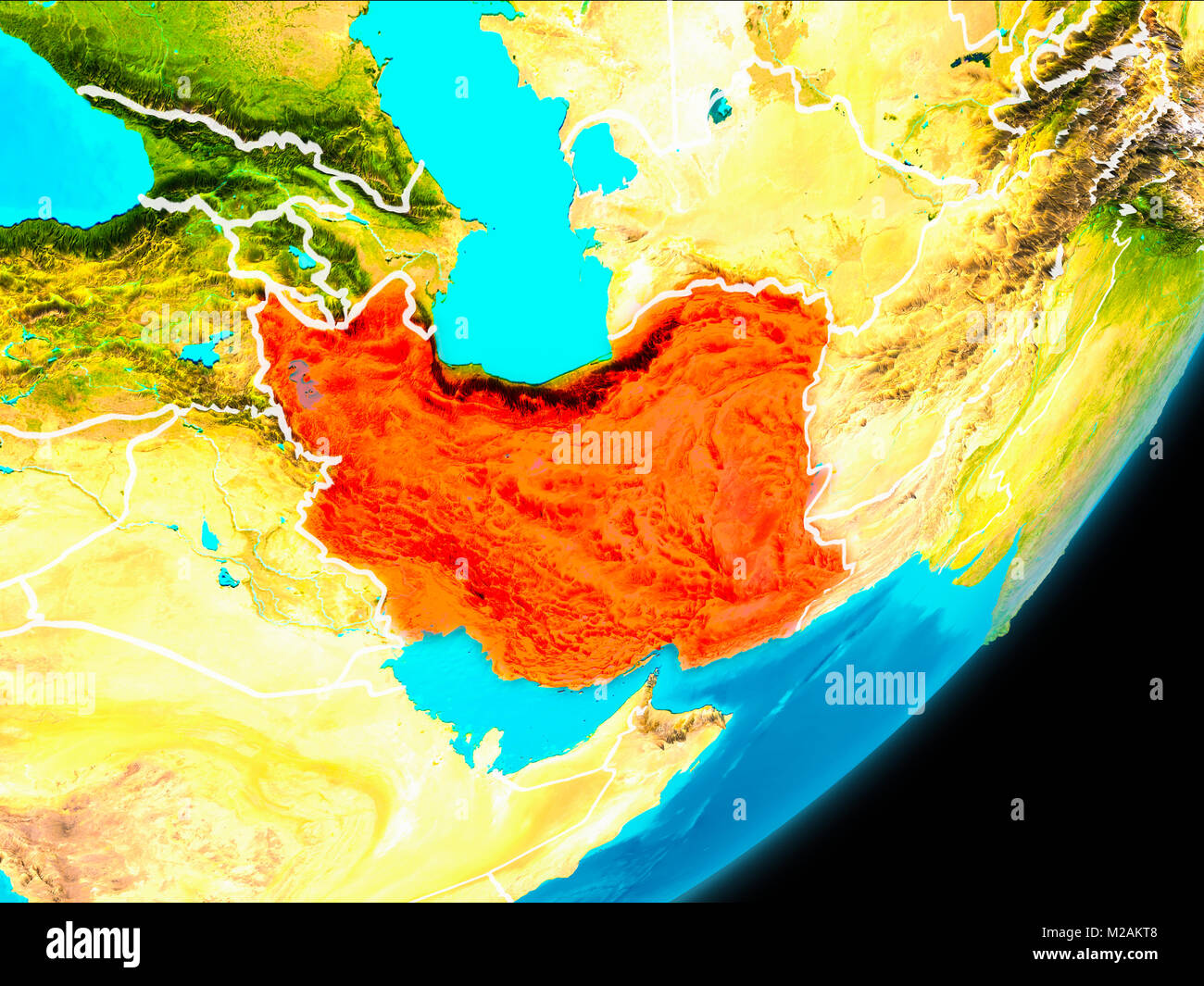 Map of Iran in red as seen from space on planet Earth with white ...