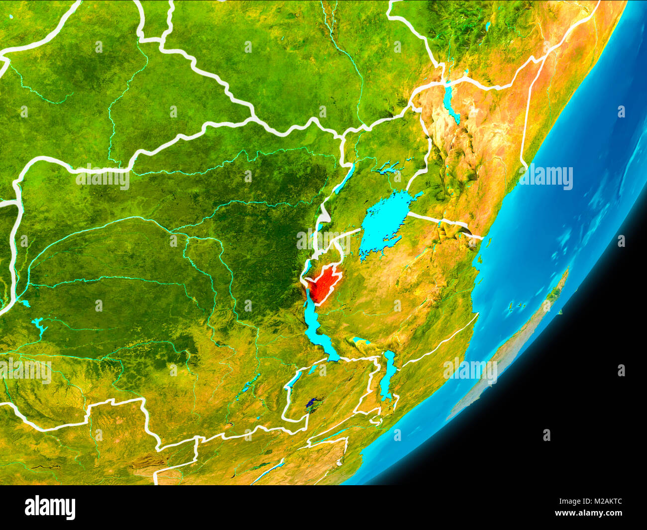 Map of Burundi in red as seen from space on planet Earth with white ...