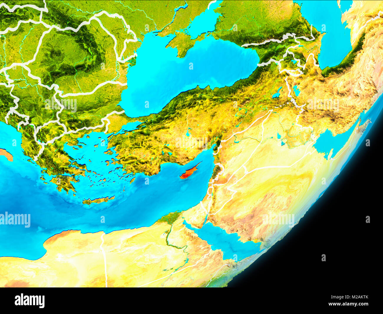 Map of Cyprus in red as seen from space on planet Earth with white ...