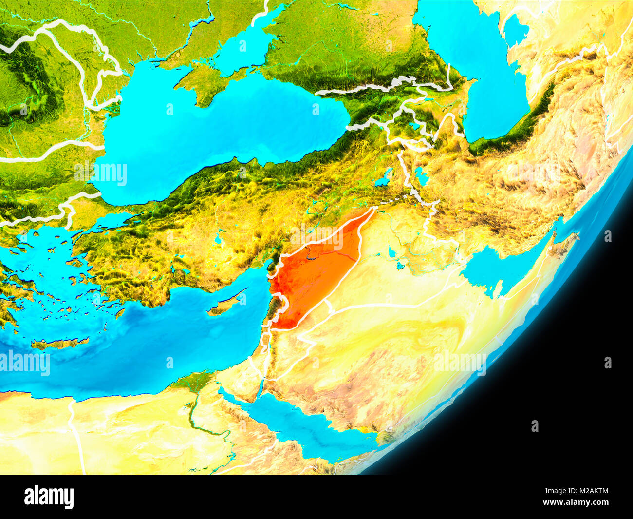 Map of Syria in red as seen from space on planet Earth with white ...