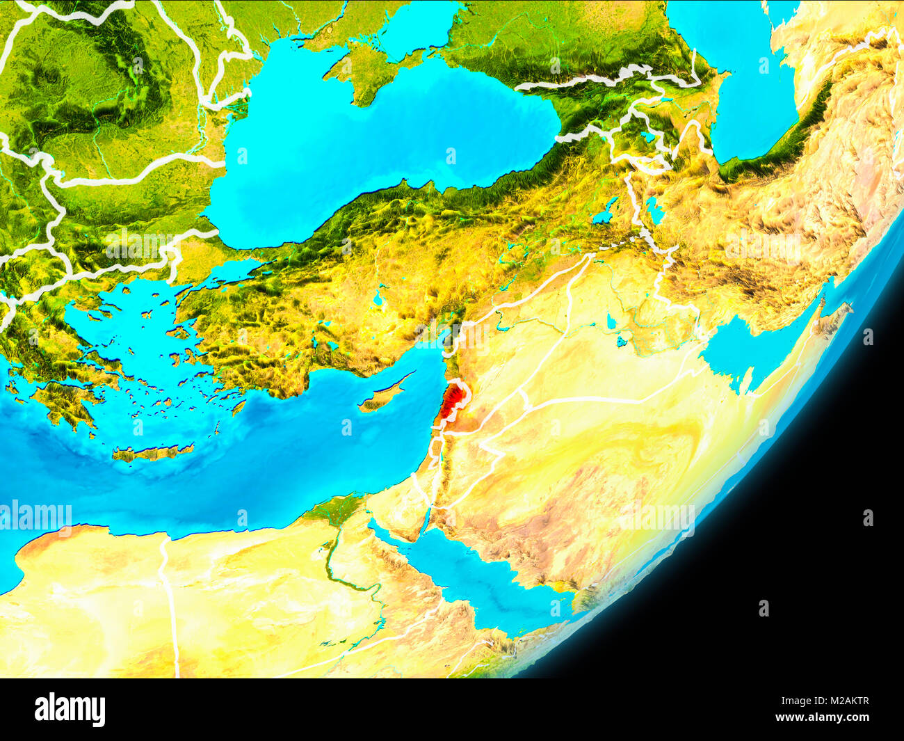 Map of Lebanon in red as seen from space on planet Earth with white ...
