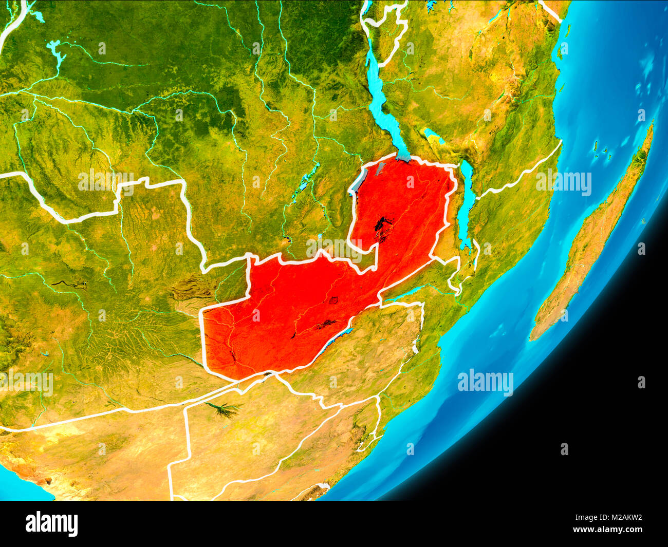 Map of Zambia in red as seen from space on planet Earth with white ...
